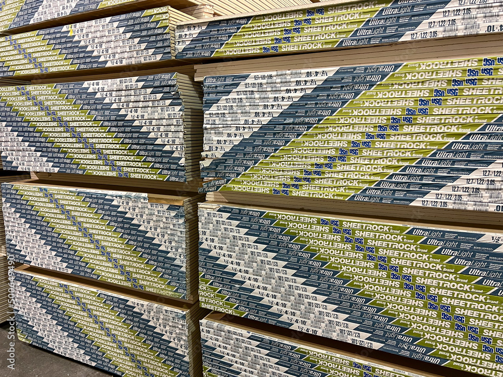 Houston, TX, USA - March 10, 2022: Pile of CGC Sheetrock 1/2 in. x 4 ft ...