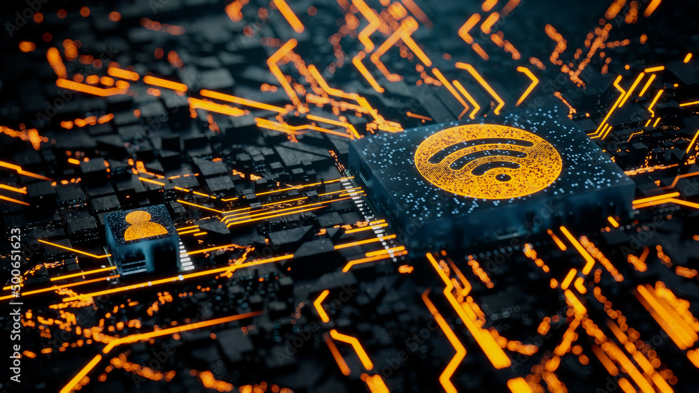 Wireless Technology Concept with wifi symbol on a Microchip. Orange ...