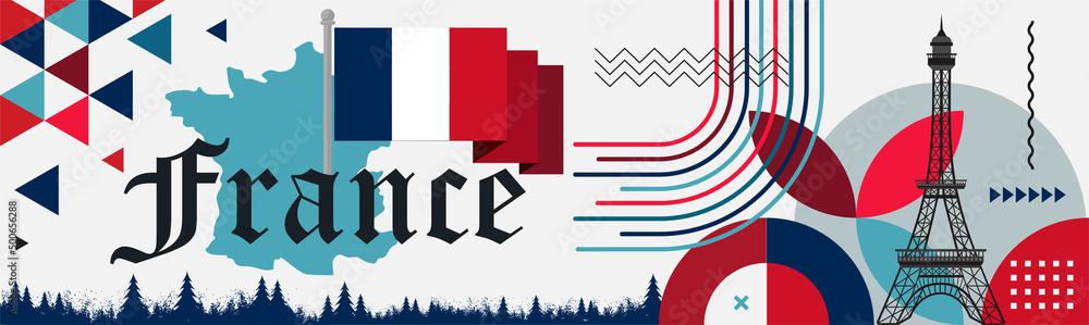 France national day banner design. French flag and map theme with Paris ...
