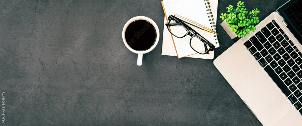 Top view desk or top view table office desk flat lay background with ...