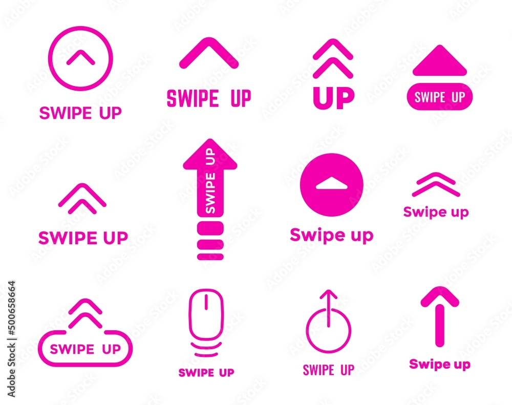 Swipe up icons and signs, arrow buttons for scroll and drag for social media, vector symbols ...