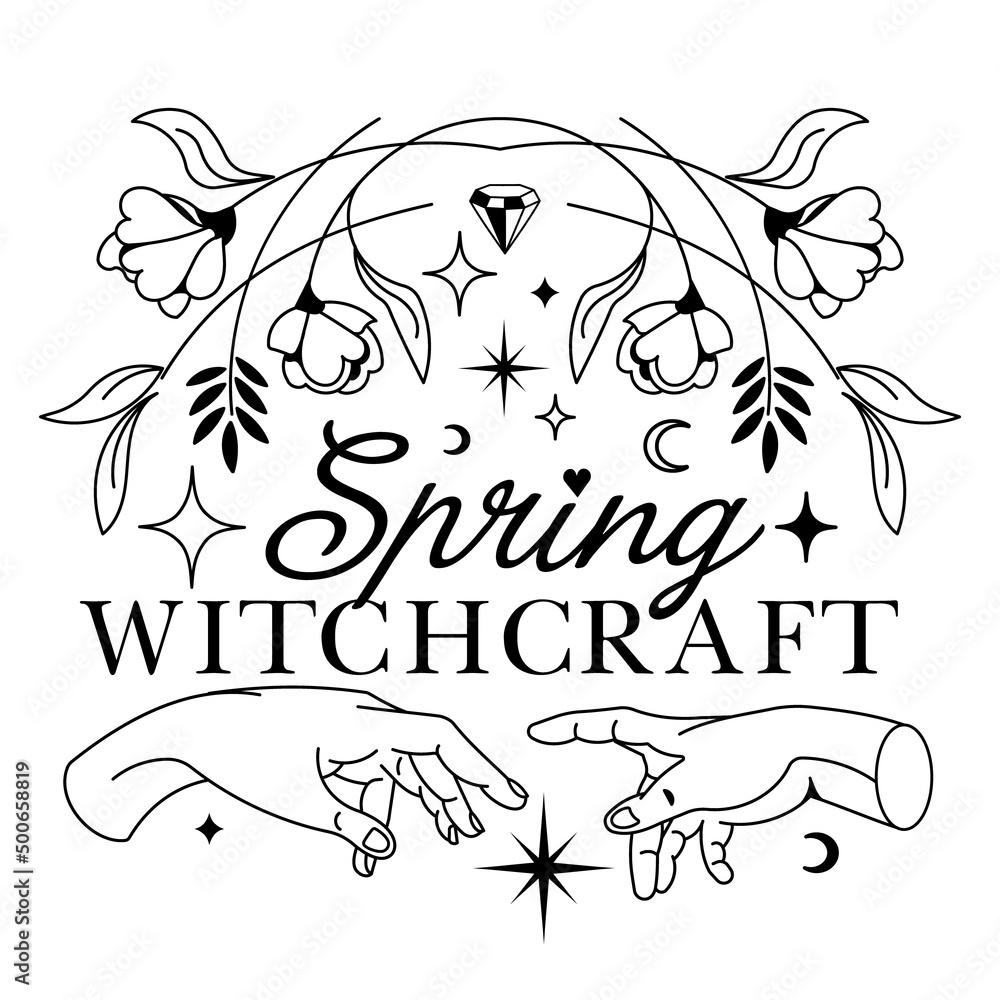 Line art style hands with lettering. Witchcraft floral print for tee ...