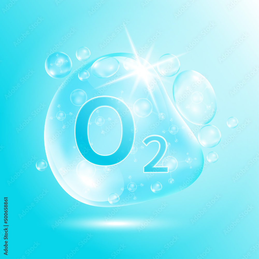 Drop water oxygen O2 molecule bubbles blue and chemical formulas. For ...