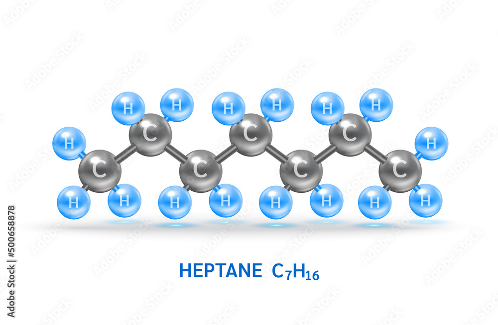 Heptane gas (C7H16) molecule models and Physical chemical formulas ...