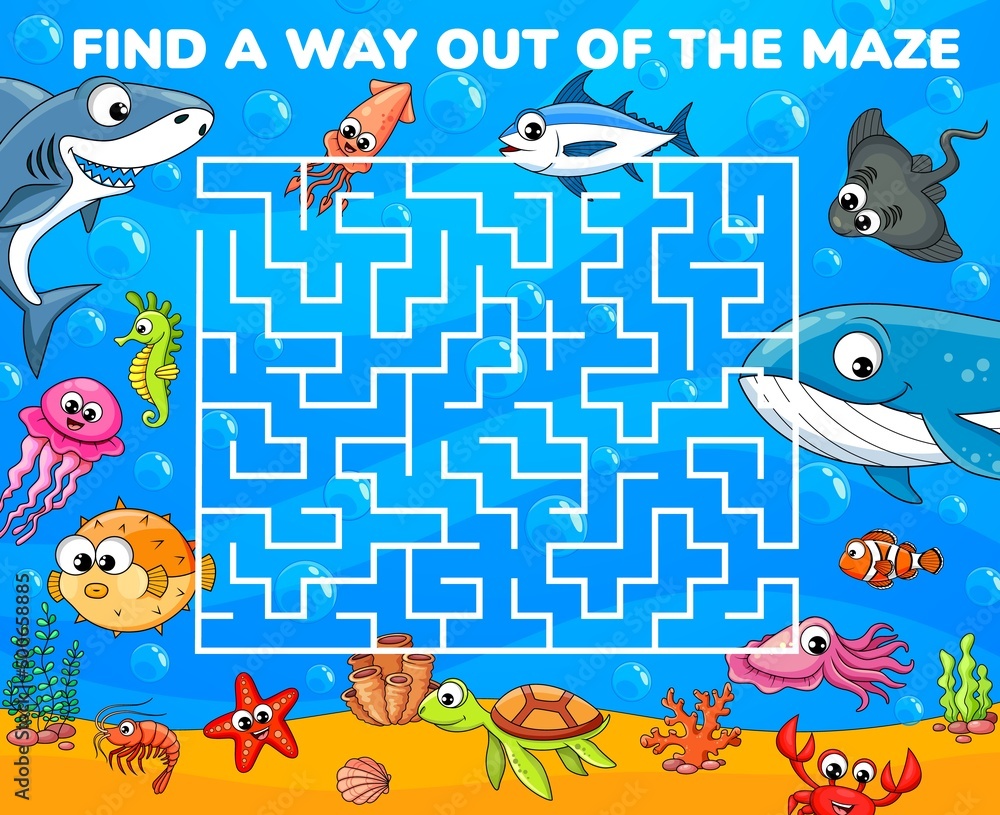 Labyrinth maze of cartoon funny underwater animals and fish. Vector ...