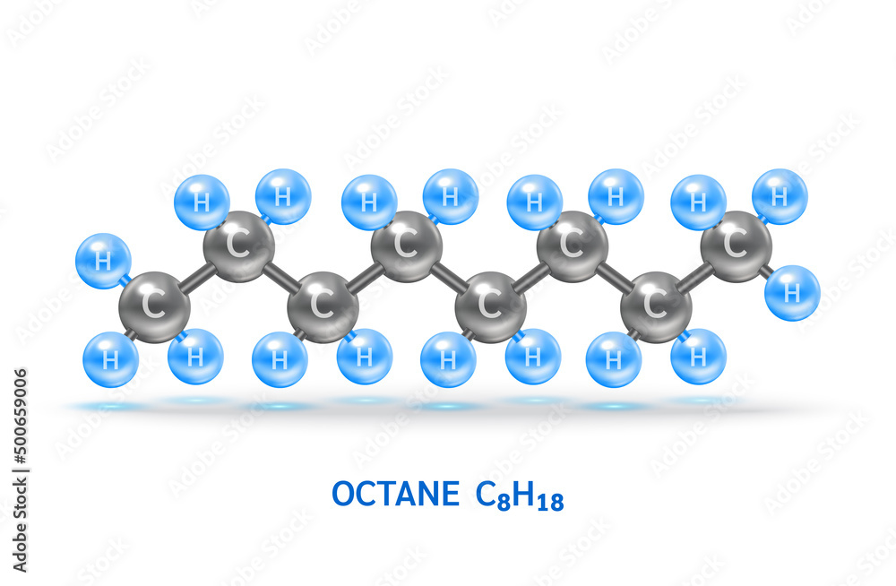 Octane gas (C8H18) molecule models and Physical chemical formulas ...