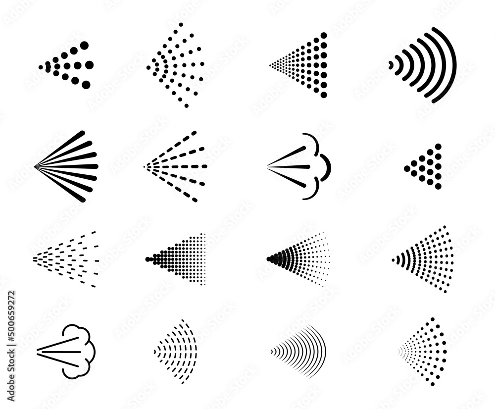 Spray icons of water air sprayer or aerosol nozzle jet, vector line ...