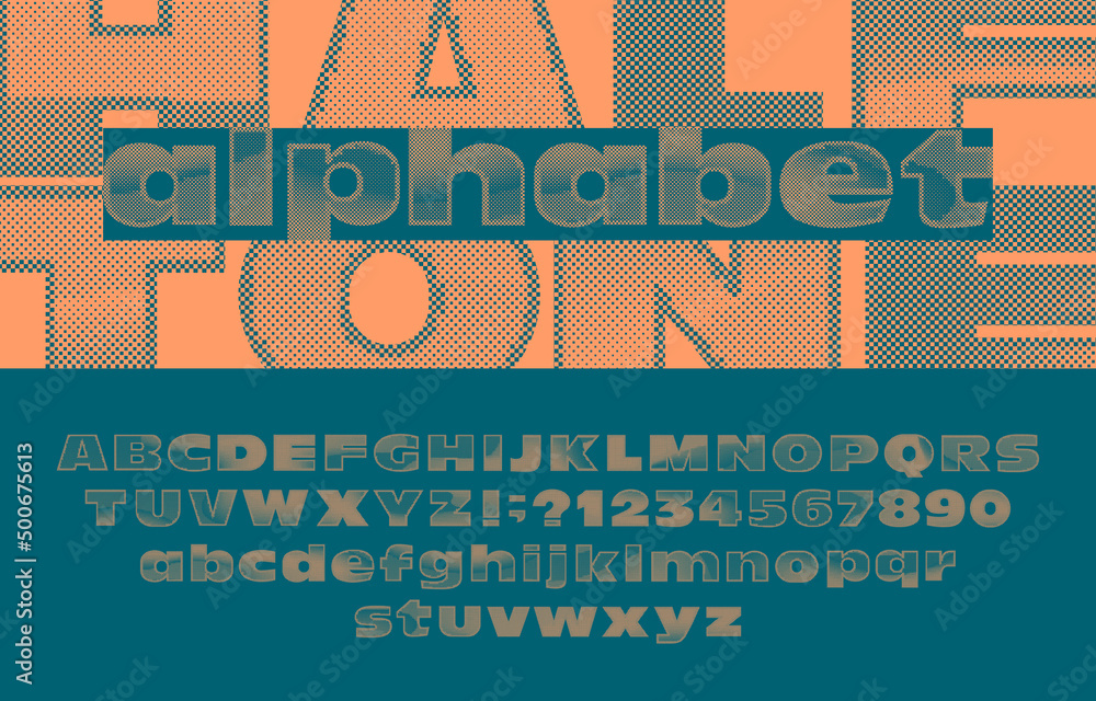 Halftone alphabet font. Damaged uppercase and lowercase letters ...