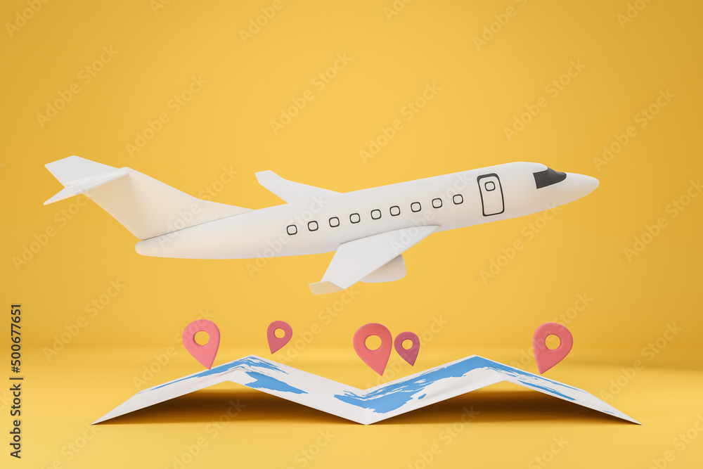 Airplane taking off, world map with location marks Stock Illustration ...