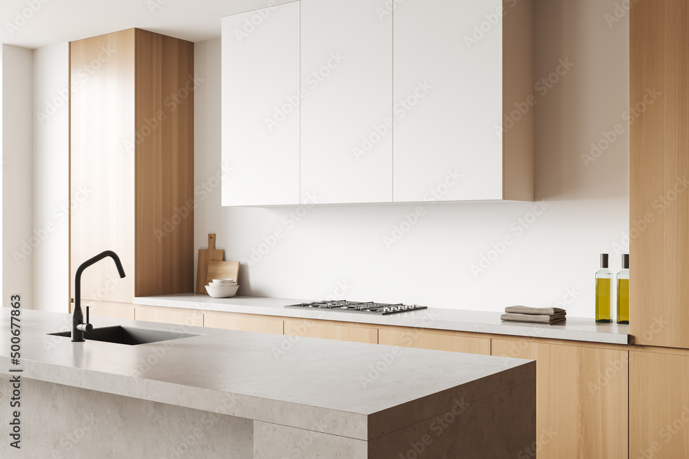 Corner view on bright kitchen room interior with cupboard Stock ...