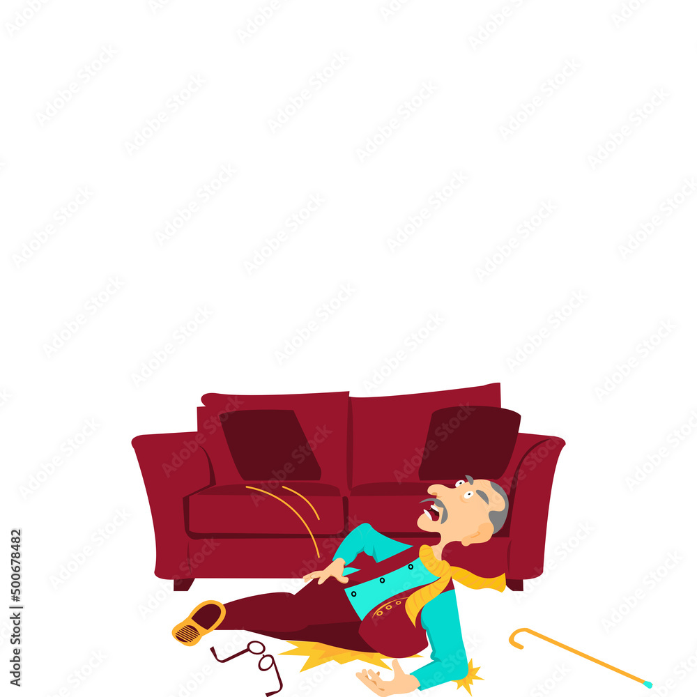 Old man falling accident in living room. Elderly man dropping from sofa ...