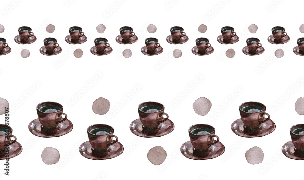 Seamless border of brown coffee cups with saucers and purple polka dot ...