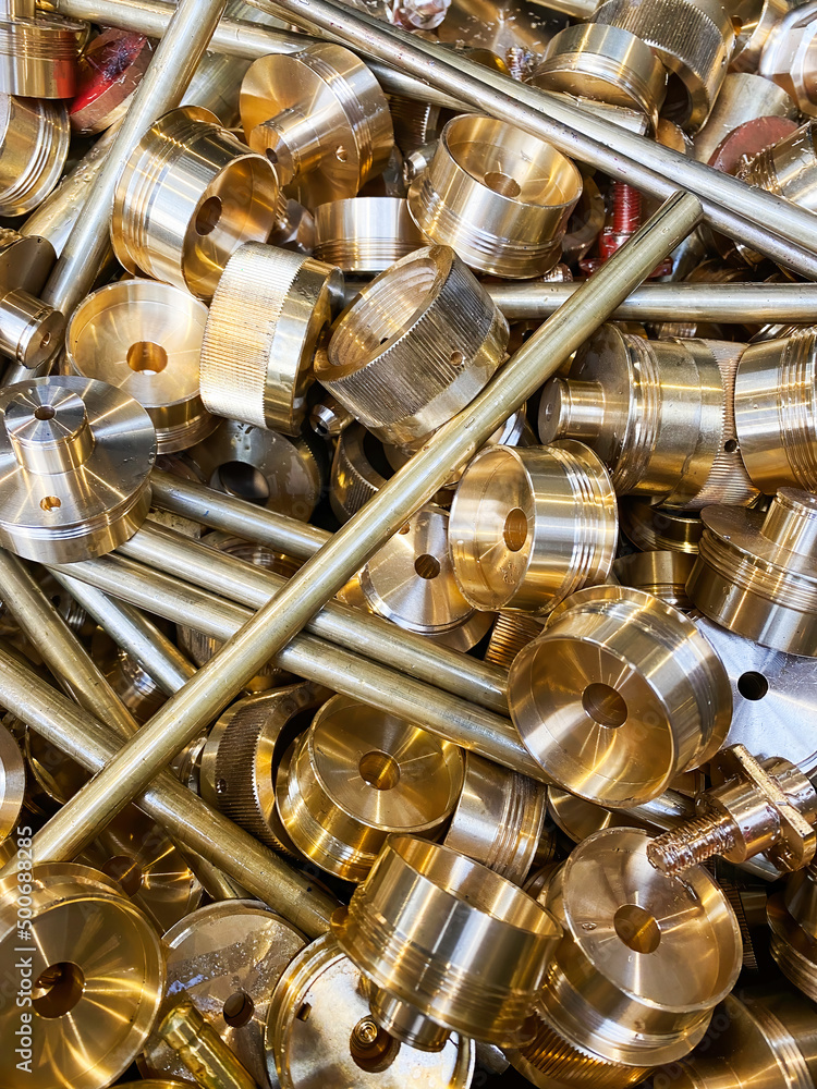 Brass scrap waste from manufacturing process, Portrait view. Stock ...