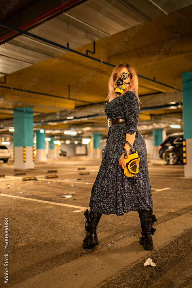 cyborg witch in cyberpunk goggles and a custom respirator, long dress ...