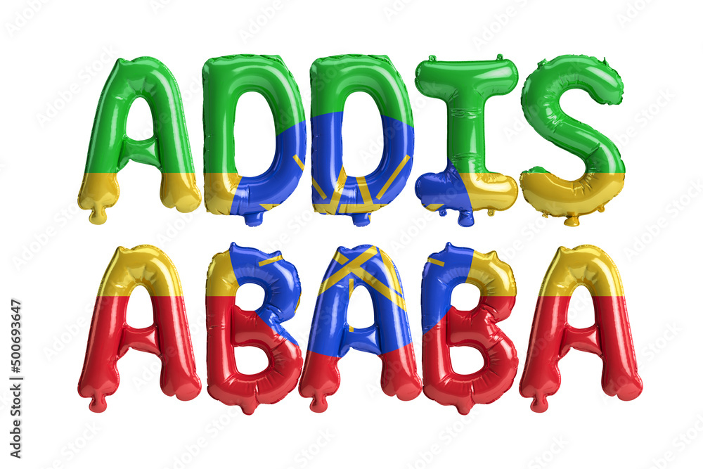 3d illustration of Addis Ababa capital balloons with Ethiopia flags ...