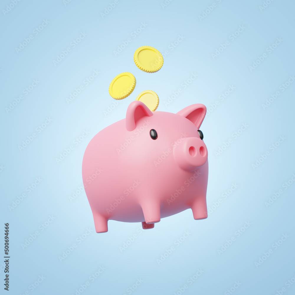 Gold coin spread into pink piggy bank float on blue background. Mobile banking and Online ...