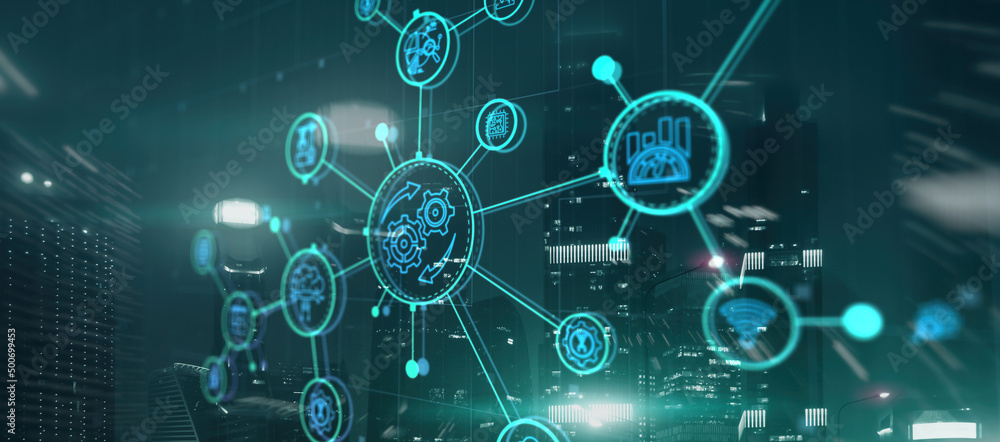 RPA. Robotic Process Automation on modern city abstract background ...