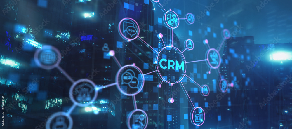 CRM. Customer Relationship Management on modern city background Stock ...