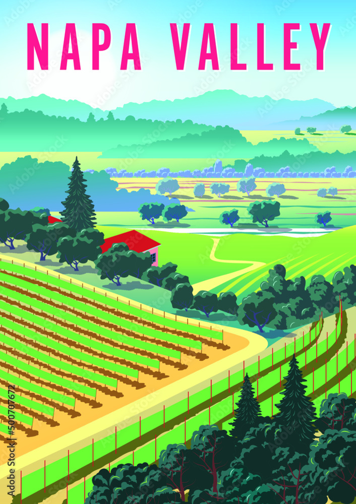 Romantic rural landscape in Napa Valley with vineyards, farms, meadows, fields and trees in the ...