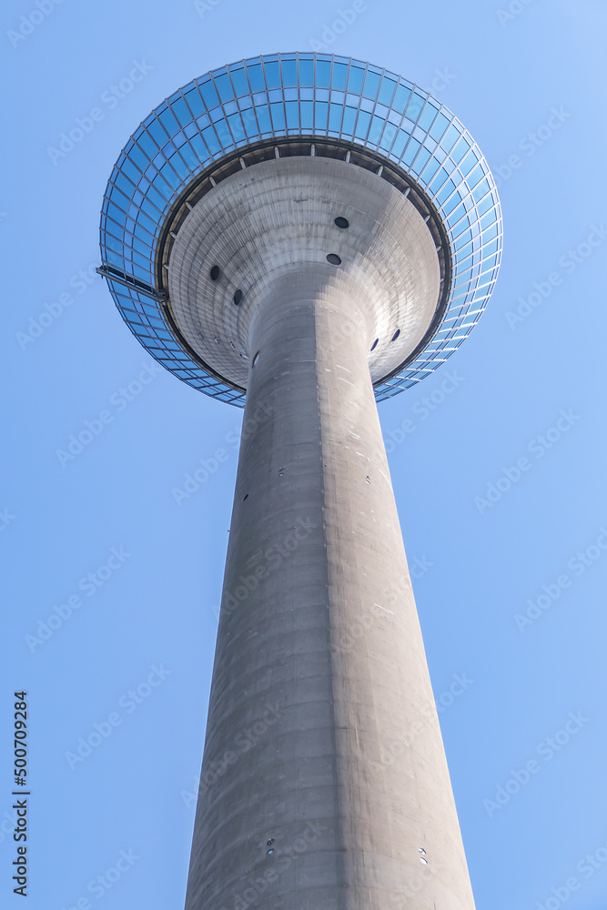240m-tall Dusseldorf Rheinturm TV tower. Rhine tower (Rheinturm, built ...