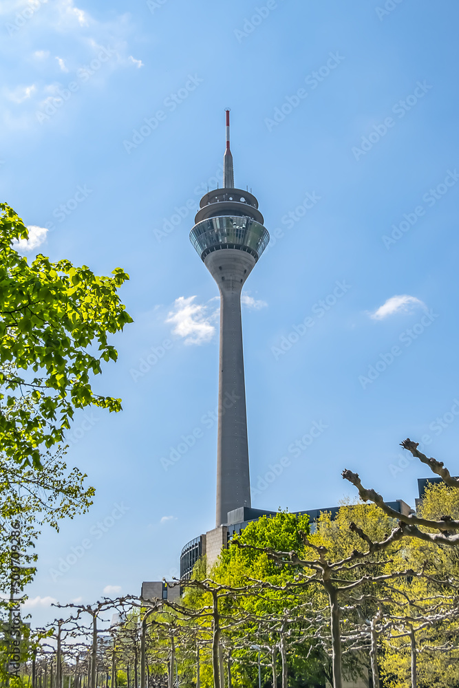 240m-tall Dusseldorf Rheinturm TV tower. Rhine tower (Rheinturm, built ...