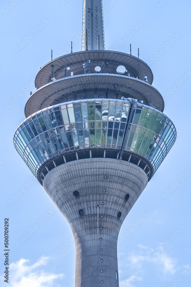 240m-tall Dusseldorf Rheinturm TV tower. Rhine tower (Rheinturm, built ...