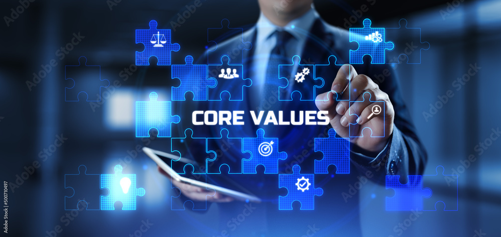 Core values Responsibility Innovation. Businessman pressing button on ...