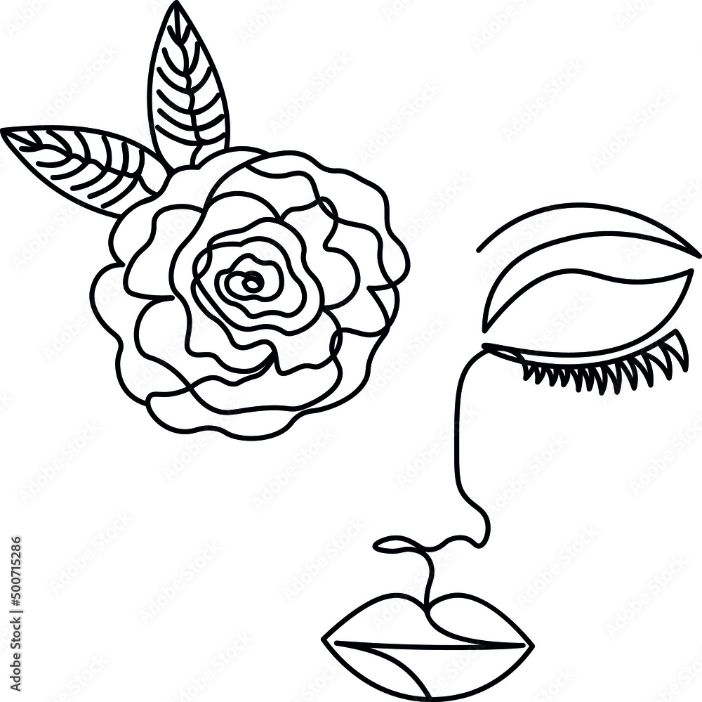 One line face with rose, one line rose, one line drawing rose, flower ...