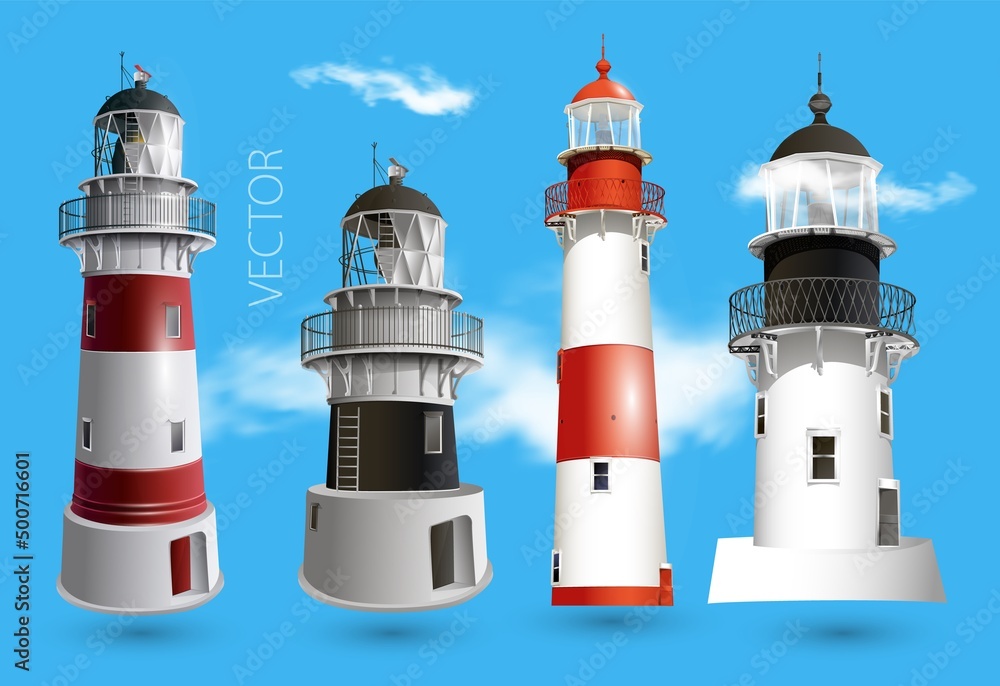 Realistic lighthouse in the night sky background. Vector illustration ...