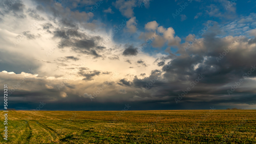 clouds over an agricultural field with wheat. A storm and rain gray ...
