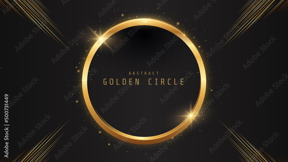 Gold circle of shiny particles on black background. Golden lights frame ...