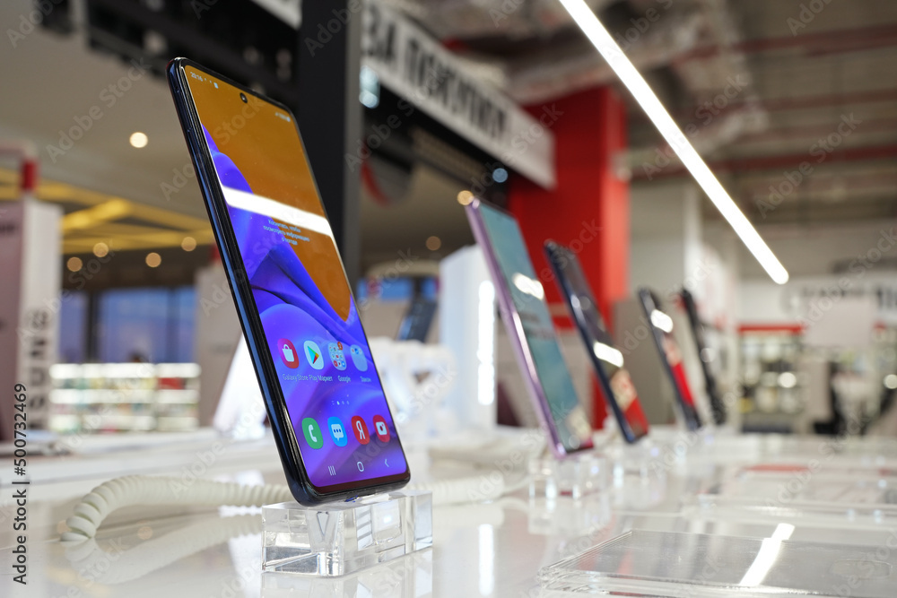 Smartphones is sold at mobile phones store. Minsk, Belarus - april ...