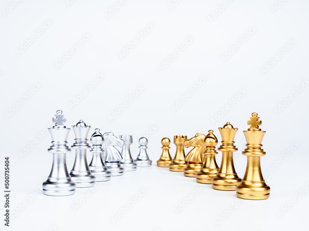 Set of luxury golden and silver chess pieces isolated on white ...