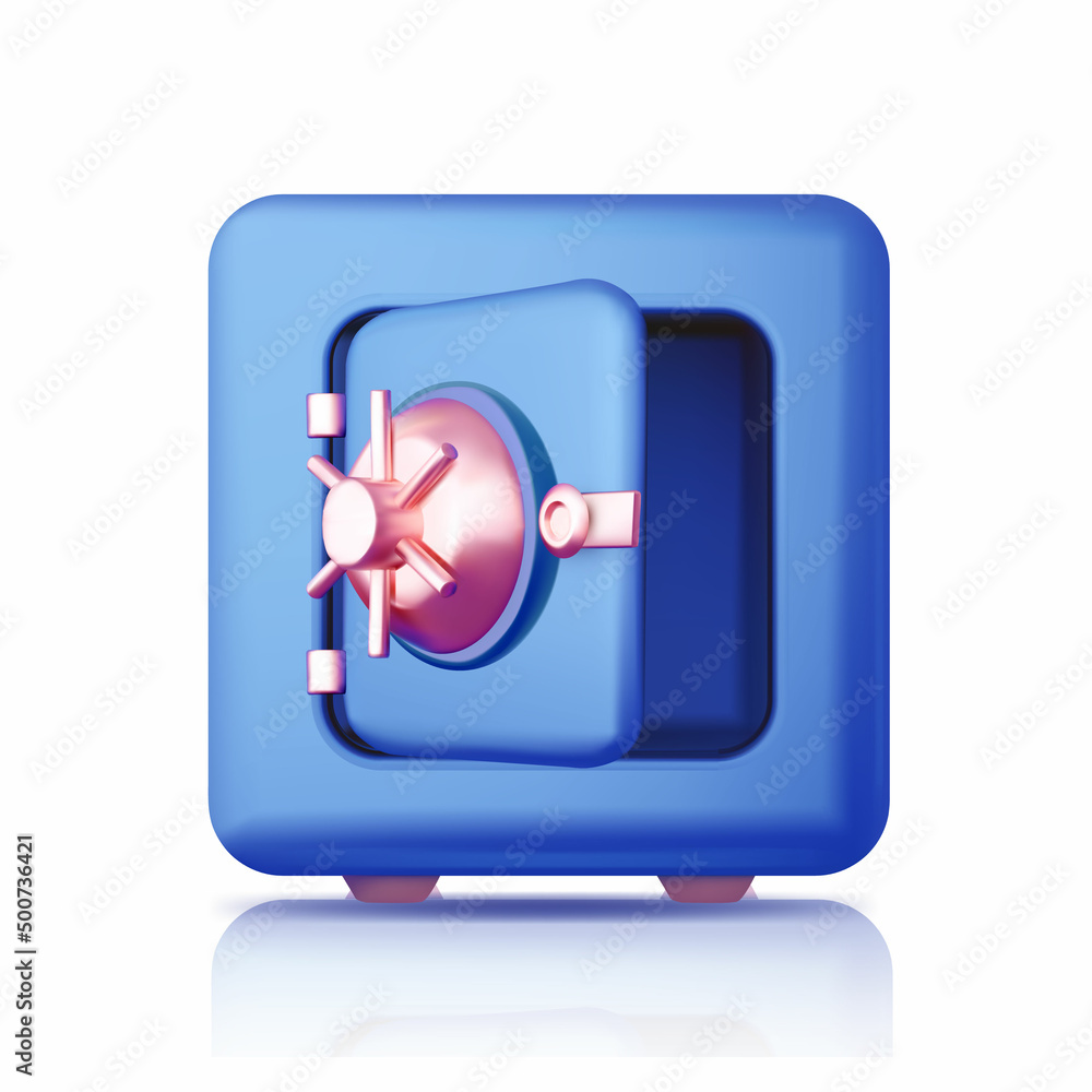 3D open safe box. Money protection render. Frontal view. Banking safety ...