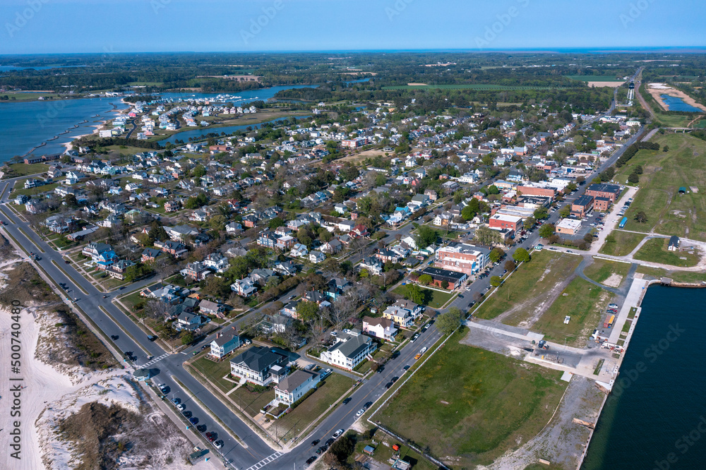 Aerial view of the town of Cape Charles Virginia looking Northeast from ...
