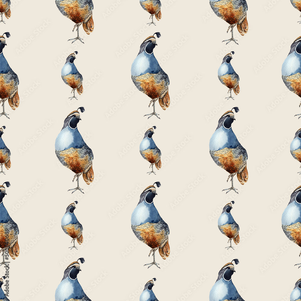 Seamless pattern with cute quails on the light beige background. Bright ...