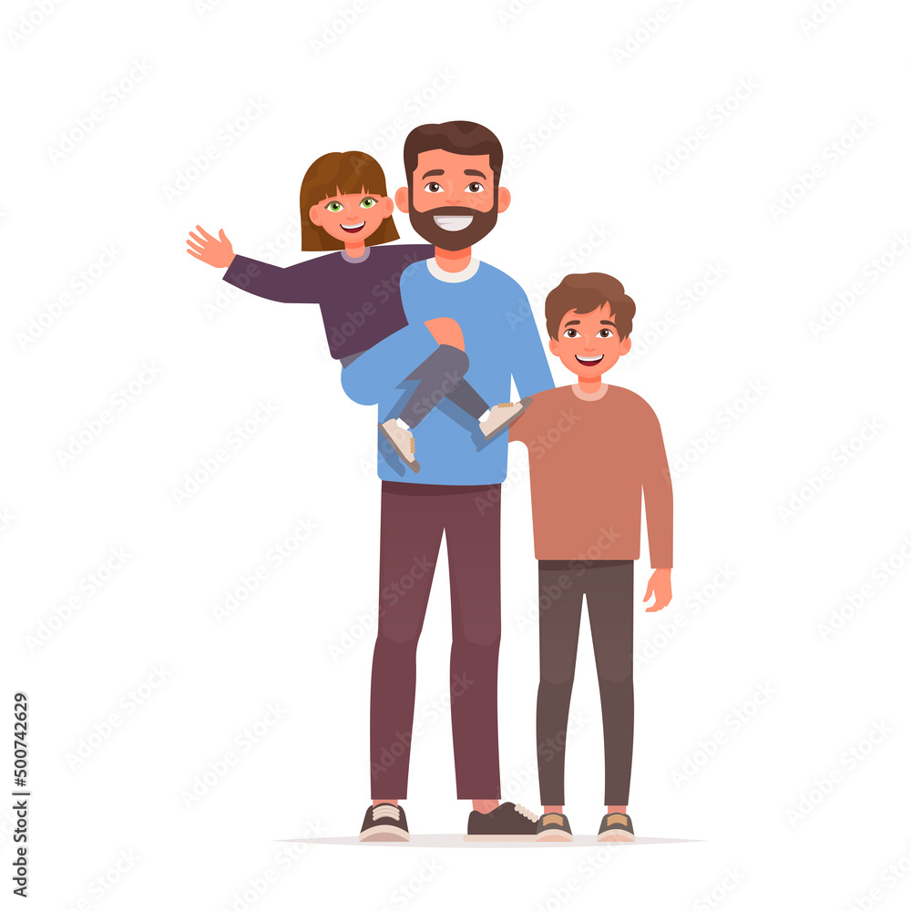 Vetor de Dad holding his daughter and hug a son. Father's Day ...