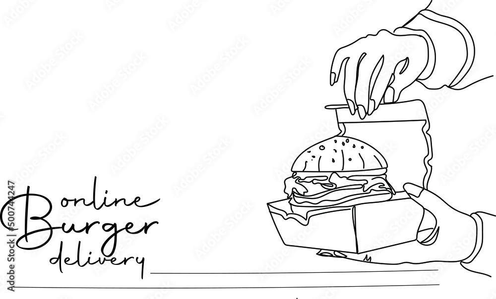 Outline sketch drawing of two hand opening burger packaging box, line ...
