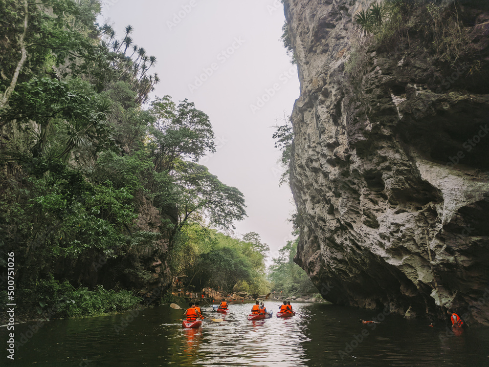 Beautiful nature landscape river and cliff with kayaking activities at ...