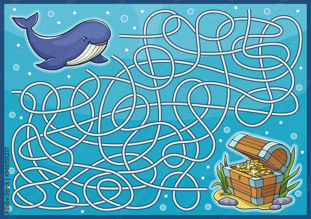 Maze game for kids with cute cartoon whale. Printable children puzzle ...