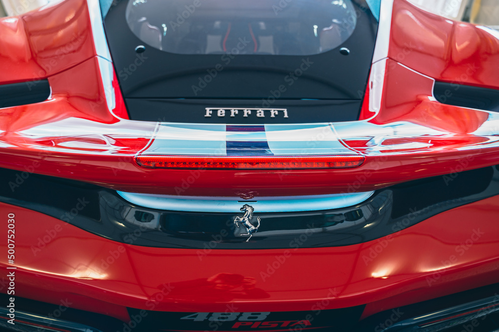Ferrari 488. Engine window. Luxury sport car. Motor compartment. Stock ...