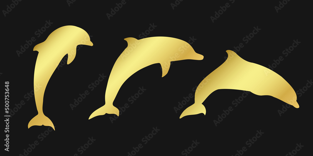Set golden dolphin sign icon on black background. Gold vector clipart ...