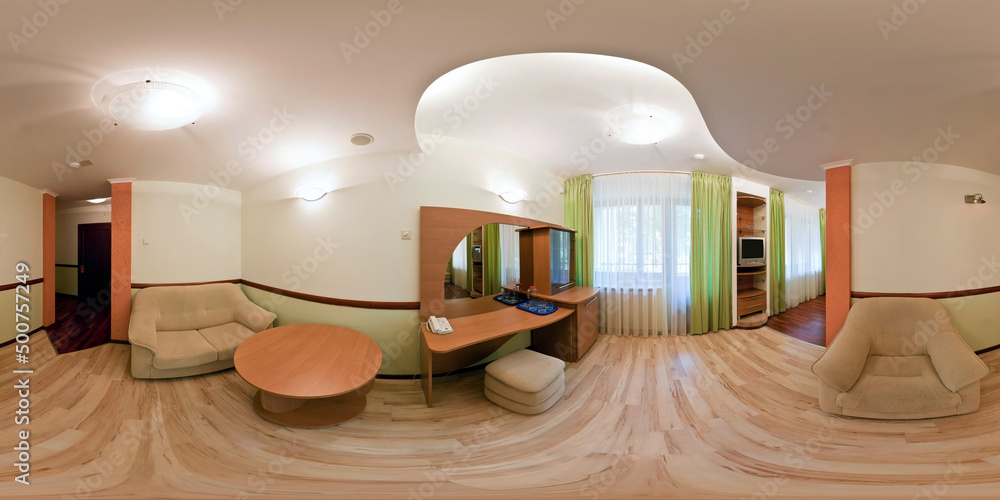 seamless 360 panorama in interior of living room of cheap hotel, flat ...
