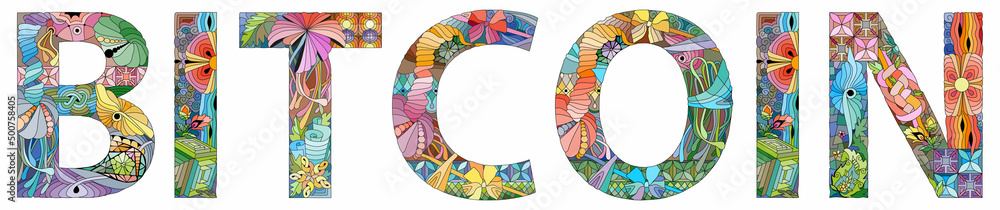 Word BITCOIN with the symbol of peace. Vector decorative zentangle ...