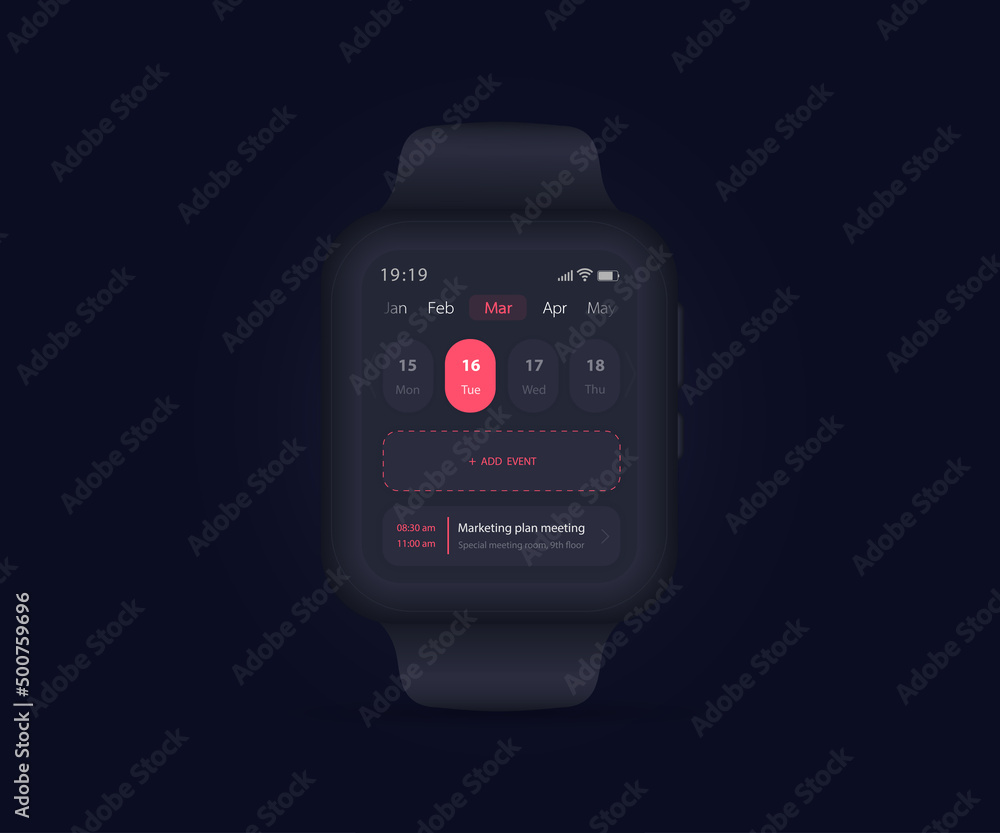 Smartwatch calendar planner app concept, Activity calendar clock UI UX ...