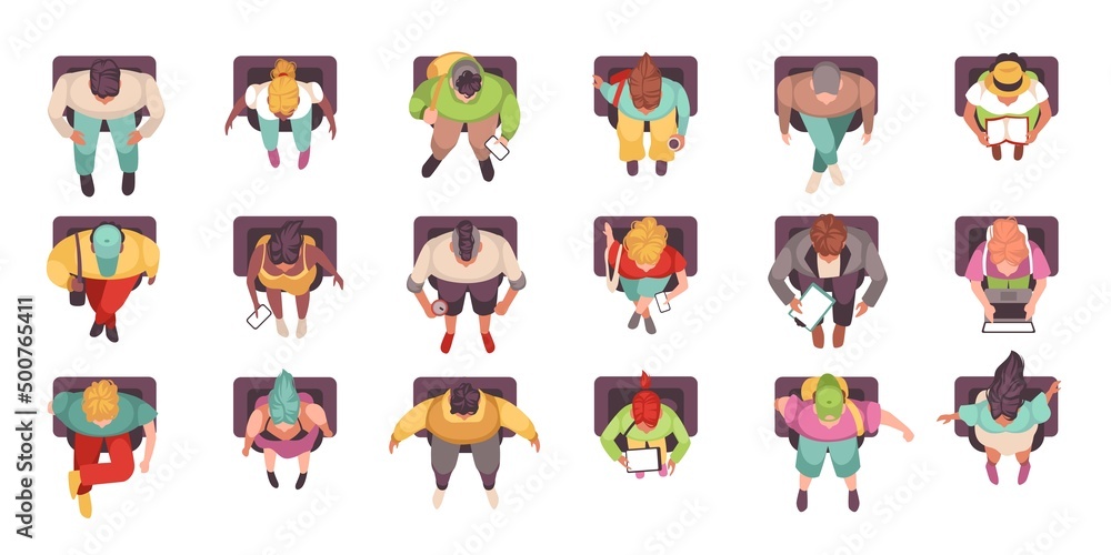 Sitting people top view. Men, women and children sitting on chairs and ...