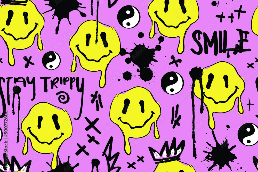 Graffiti groovy style melting face drawings. Seamless pattern repeating ...