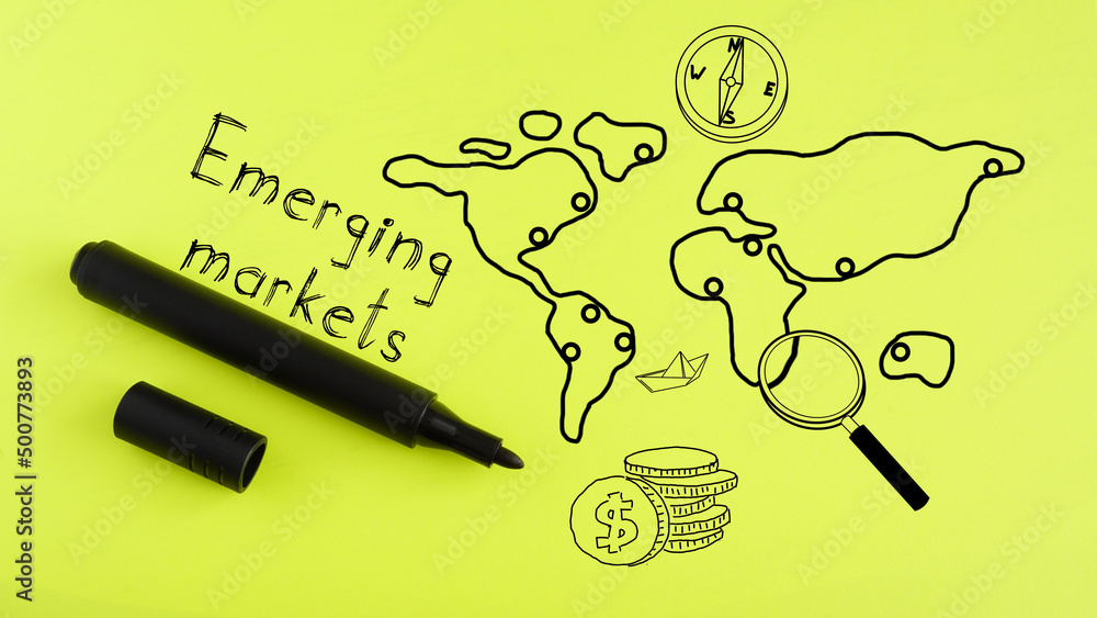 Emerging markets are shown using the text and map of the world Stock ...