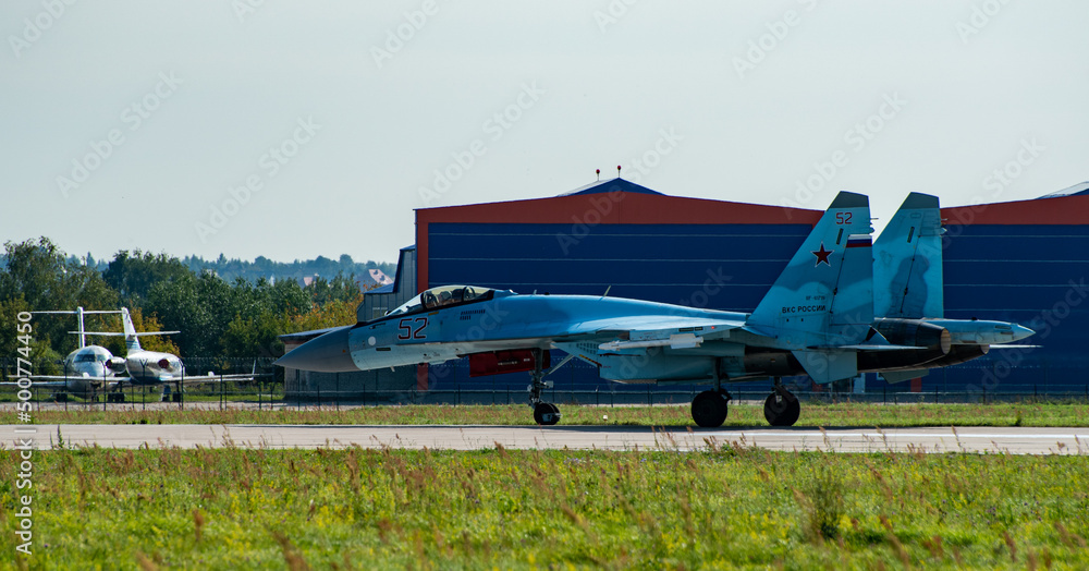August 30, 2019, Zhukovsky, Russia. Russian multi-role fighter Sukhoi Su-35 on the runway of the ...