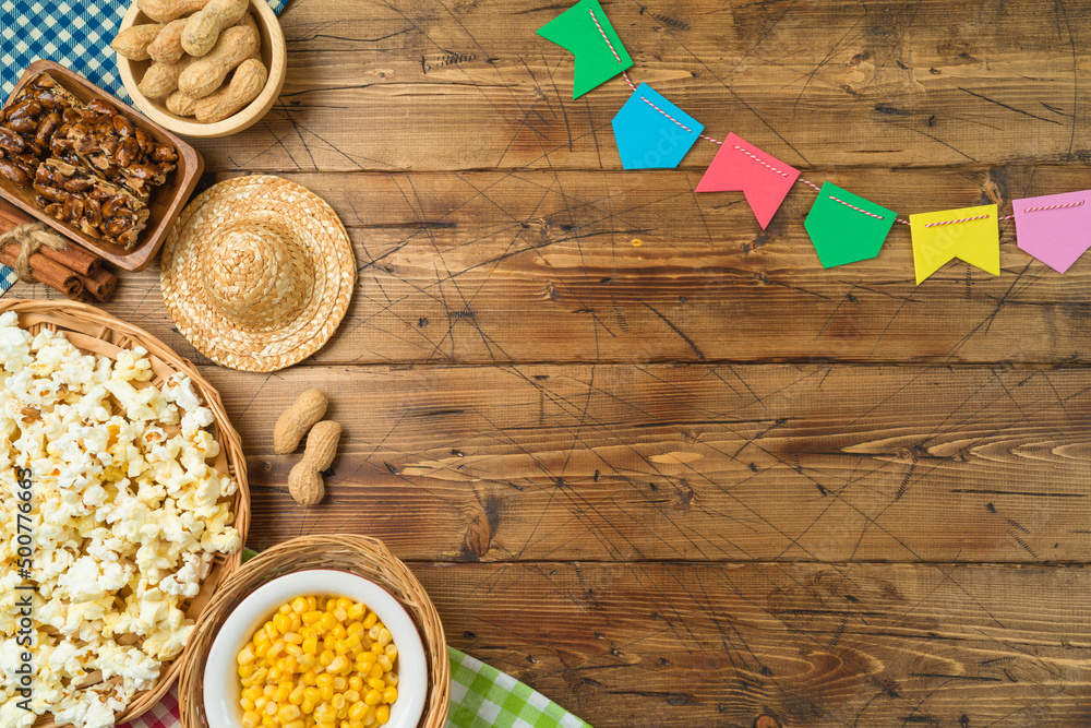 Festa Junina party background with popcorn, peanuts and traditional ...